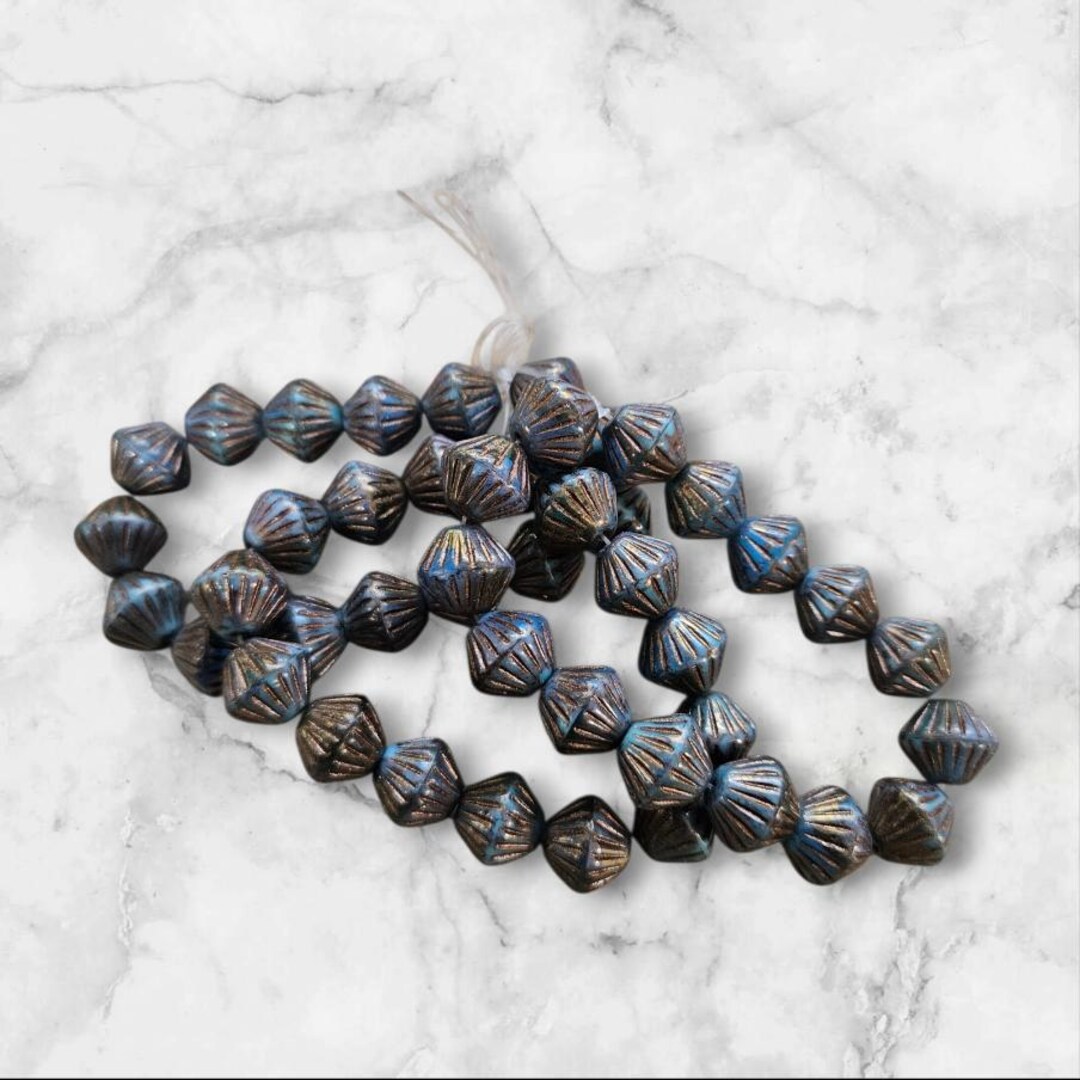 11mm Tribal Bicone Blue Green With Gold Finish and Bonze Wash - Czech ...