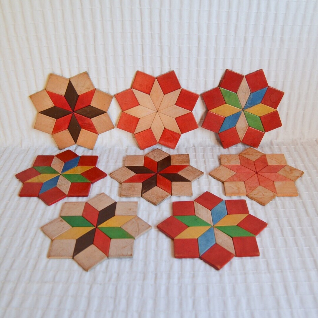 Vintage Wooden Bead Trivets, Star Red Natural Colourful Coasters ...