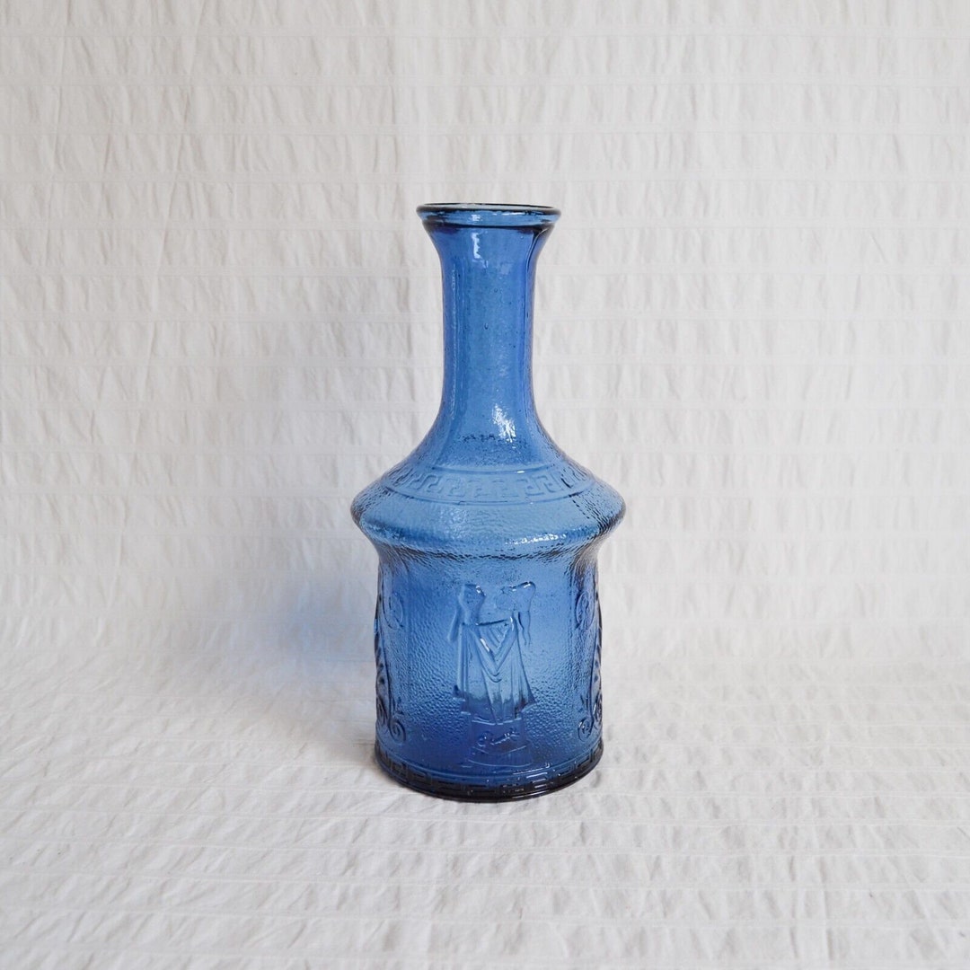 Vintage Blue Glass Bottle, Ancient Greek Design, Greek Key, Raised ...
