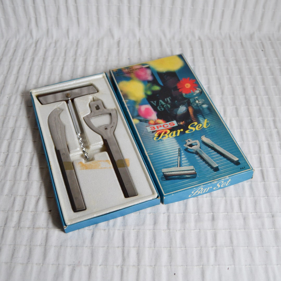 Vintage Mid Century Modern Teak Bar Tool Set Corkscrew Bottle Can ...