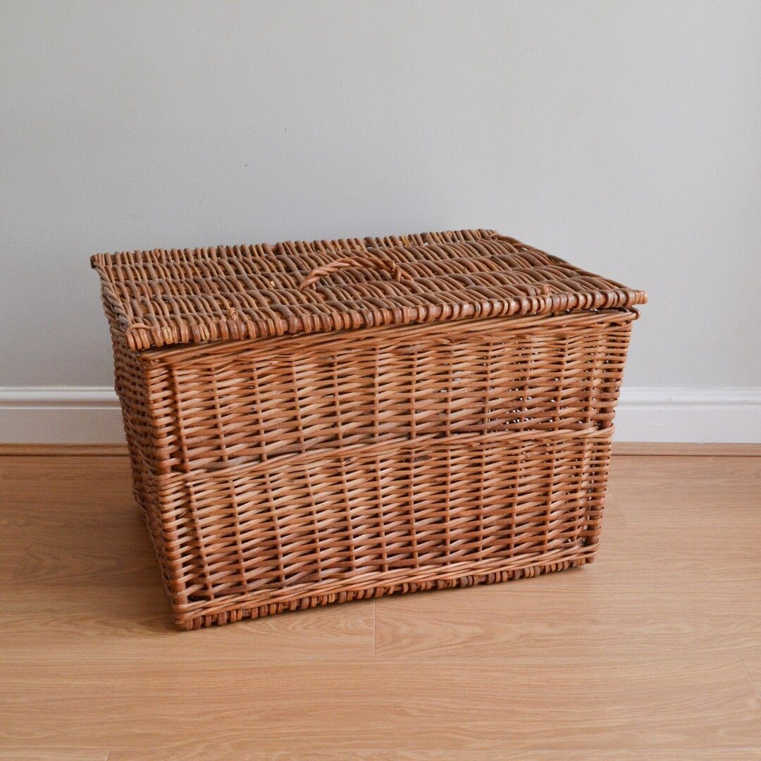 Vintage Large Wicker Chest Trunk Hamper With Lid Blanket Box Storage ...