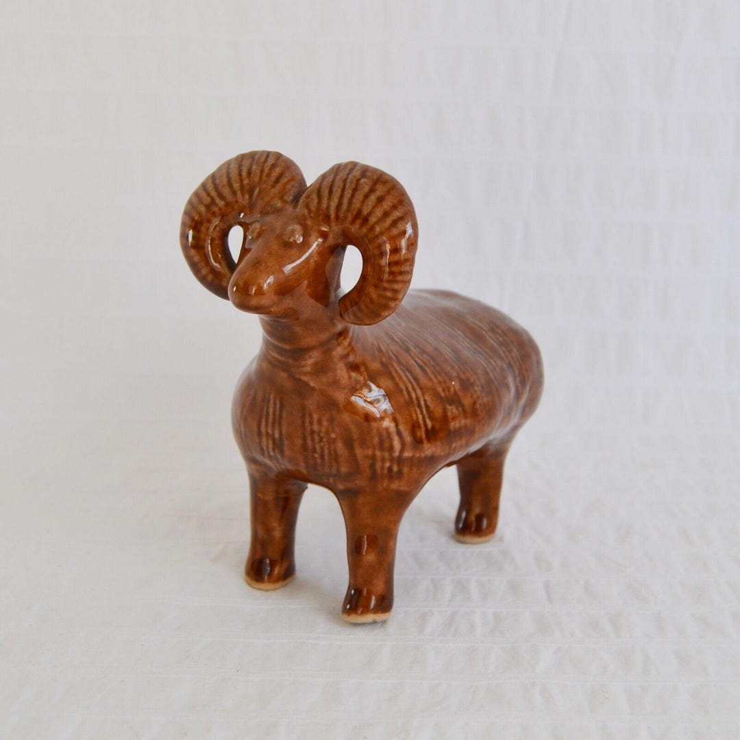 Vintage Ceramic Ram Goat Figurine, Mid Century Brown Glazed Pottery ...
