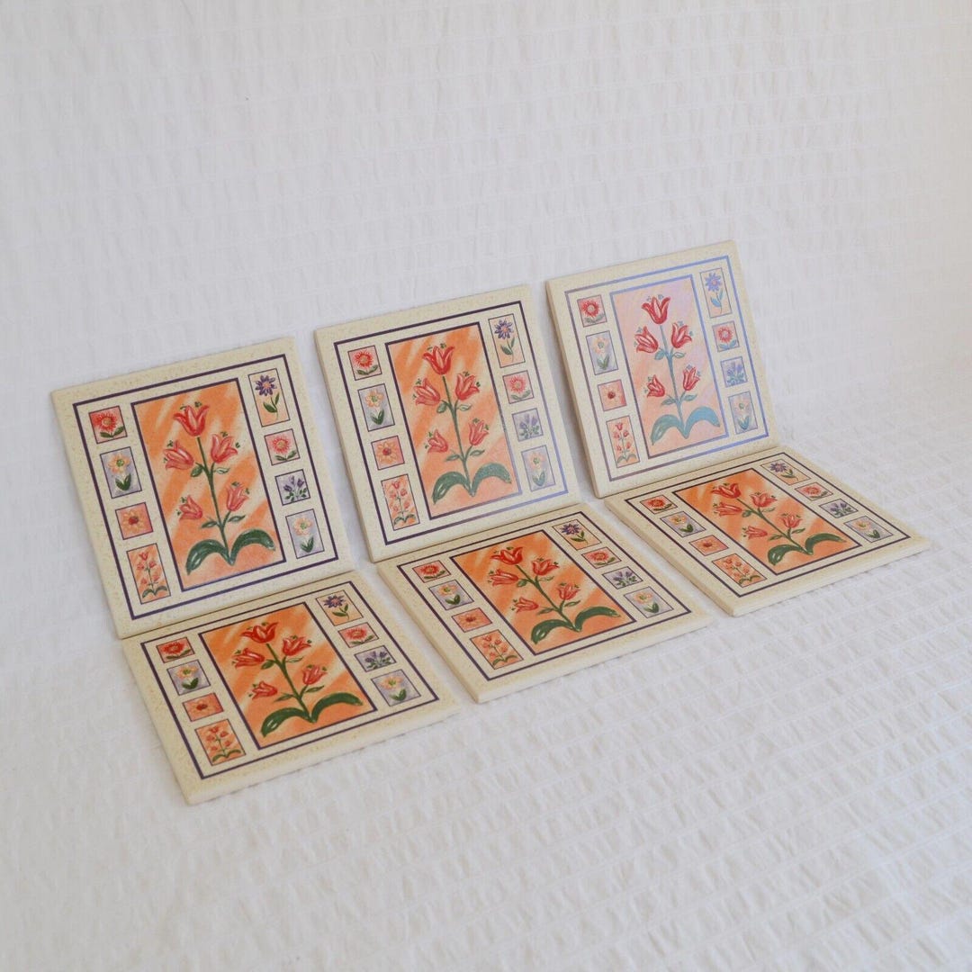 Vintage H&R Johnson Tiles 1980s 90s Square Tiles X6 Floral Flowers ...