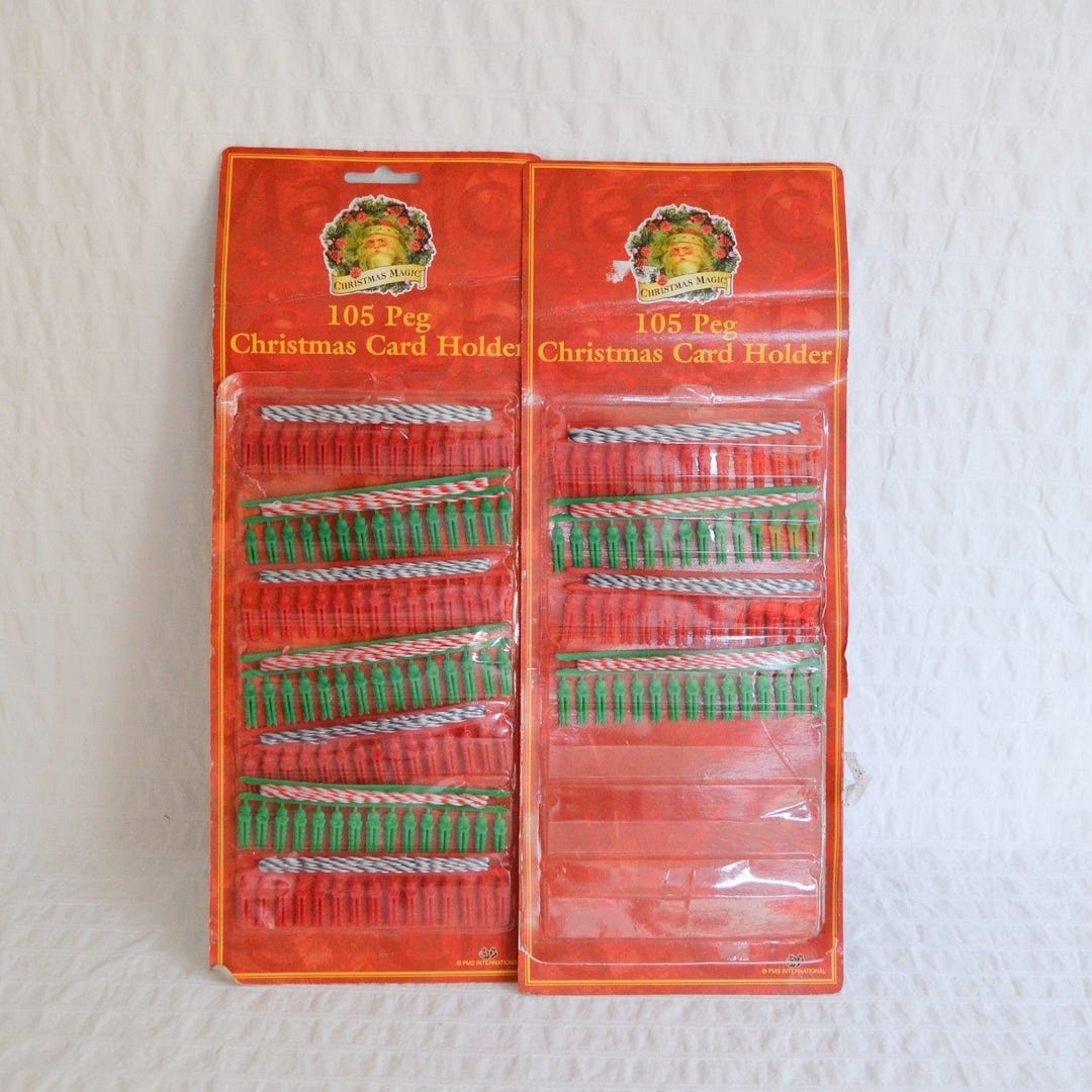 Vintage Christmas Card String Holder Display 165 Pins and Clothes Line ...