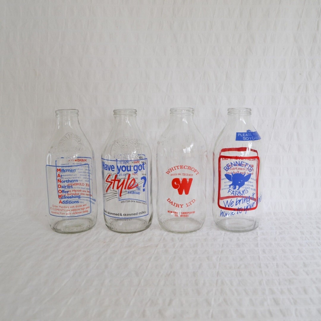 Vintage Glass Milk Bottles, Set of 4, Red Blue Advertising Bennetts ...