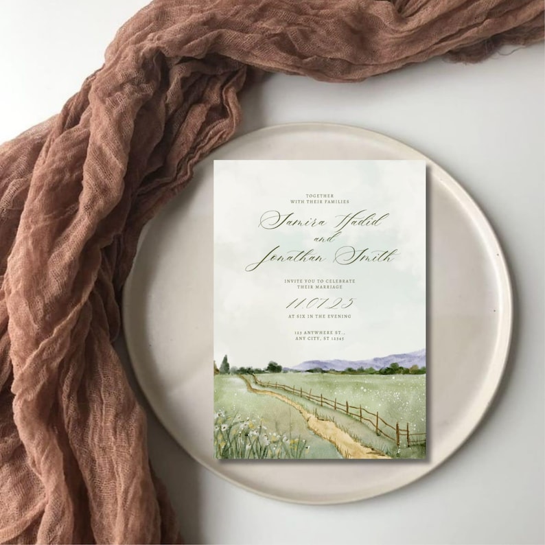 Editable Landscape Wedding Invitation - Green Nature Canva Template ...