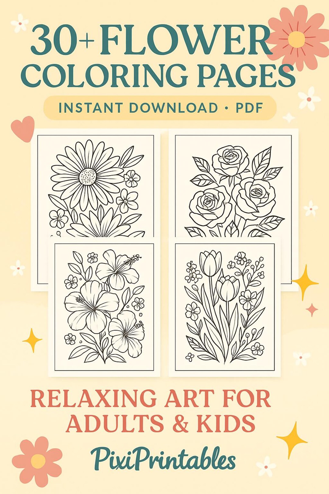 30+ Flower-themed Coloring Pages | Instant Download | Digital PDF | Art ...
