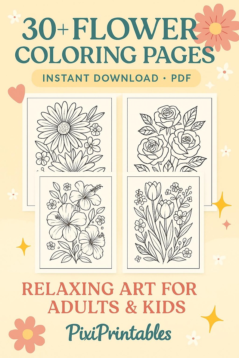 30+ Flower-themed Coloring Pages | Instant Download | Digital PDF | Art ...