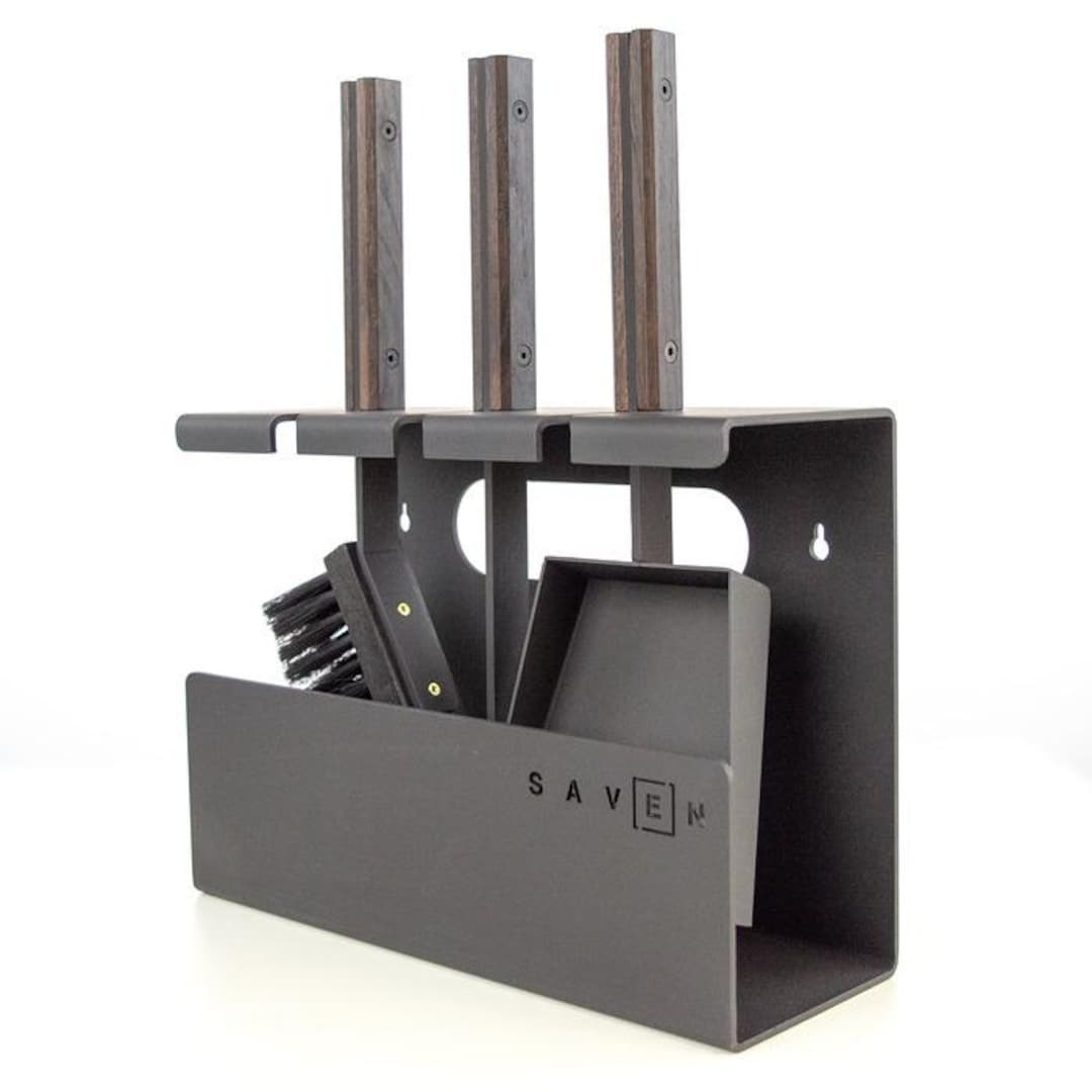 SAVEN Modern Fireplace Tool Set: Wall-mounted Black Steel With Wenge ...