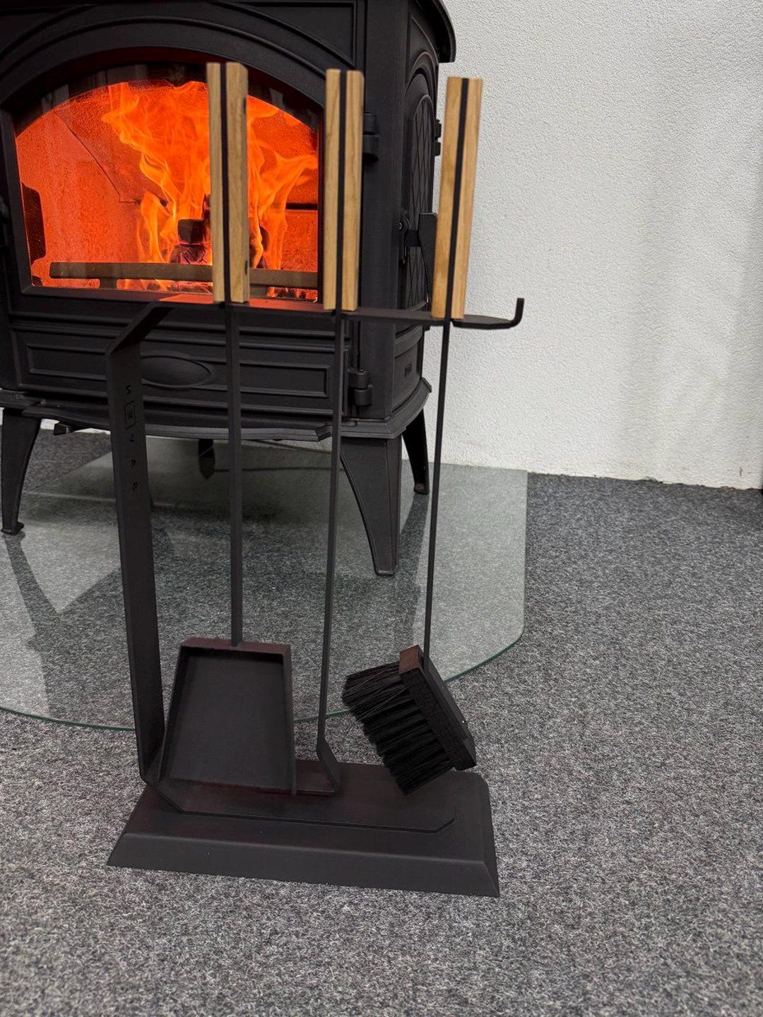 A Modern Fireplace Tool Set With Wooden Handles, Designed to Elevate ...