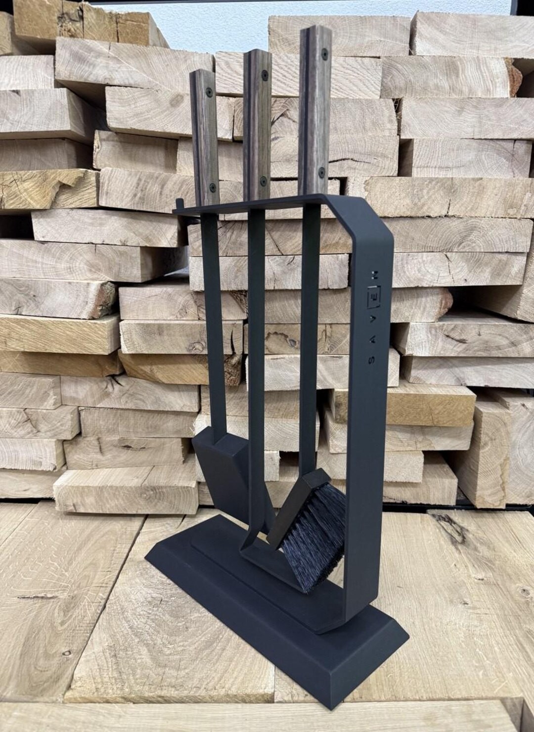 Modern Fireplace Tool Set, Black Steel With Light Wood Handles ...