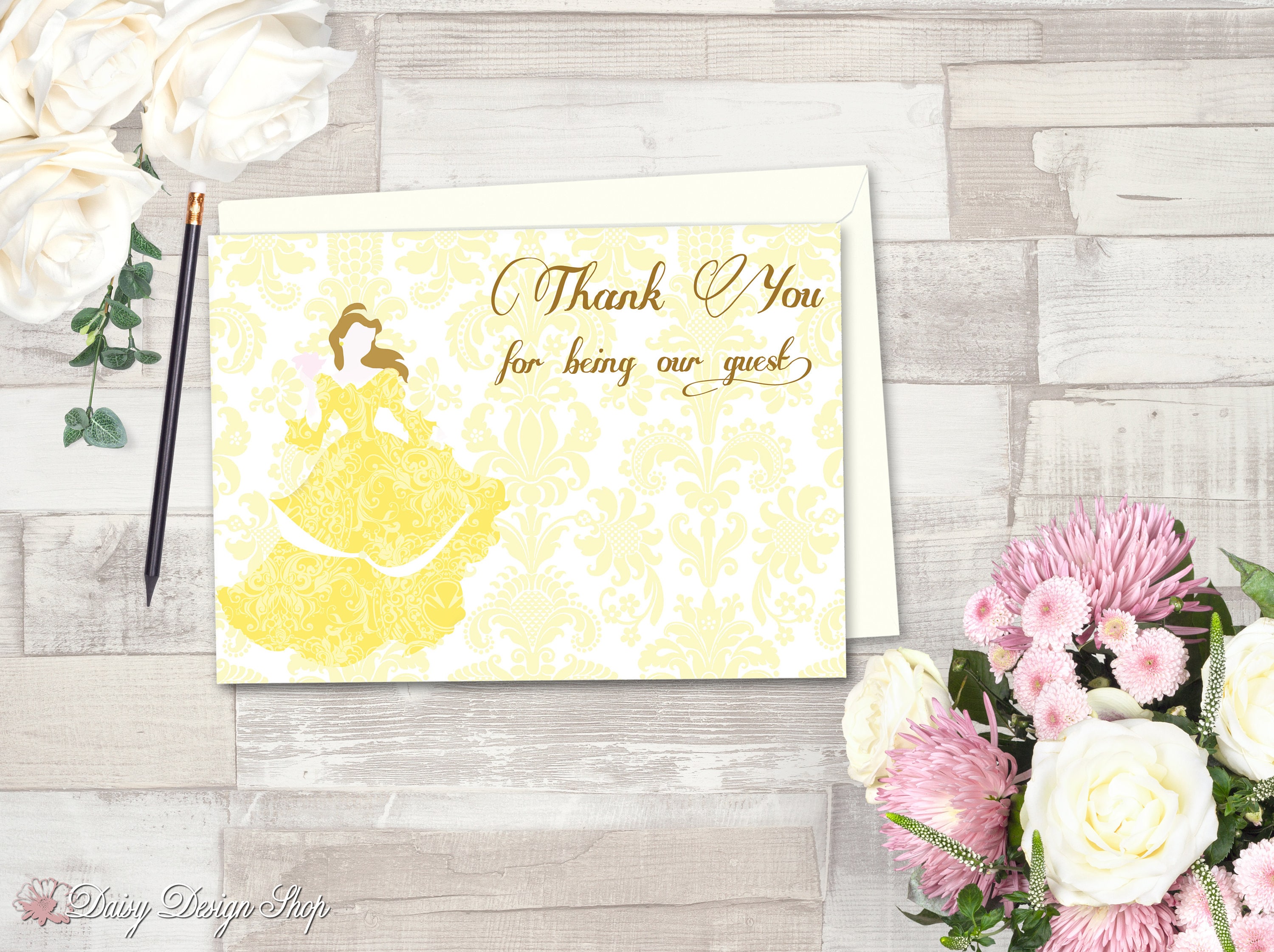 Thank You Card Printable Princess Belle and Damask | Etsy
