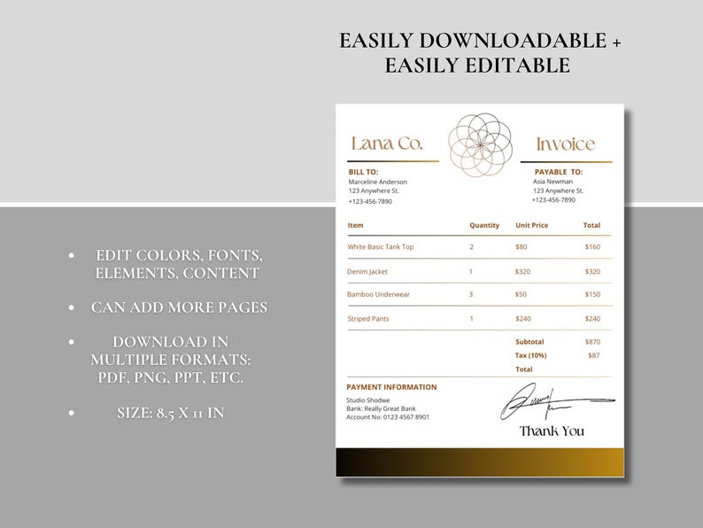 Editable Chic Black and Gold Minimalist Business Invoice, Professional ...