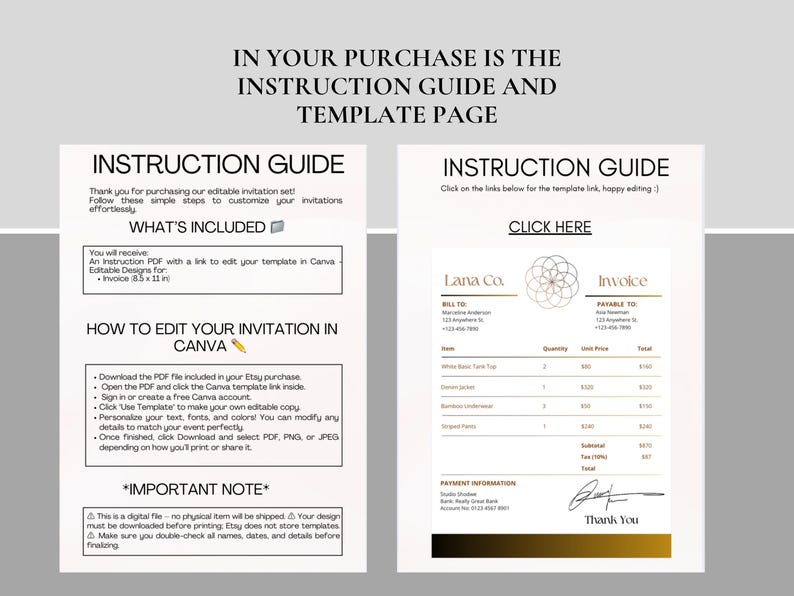 Editable Chic Black and Gold Minimalist Business Invoice, Professional ...