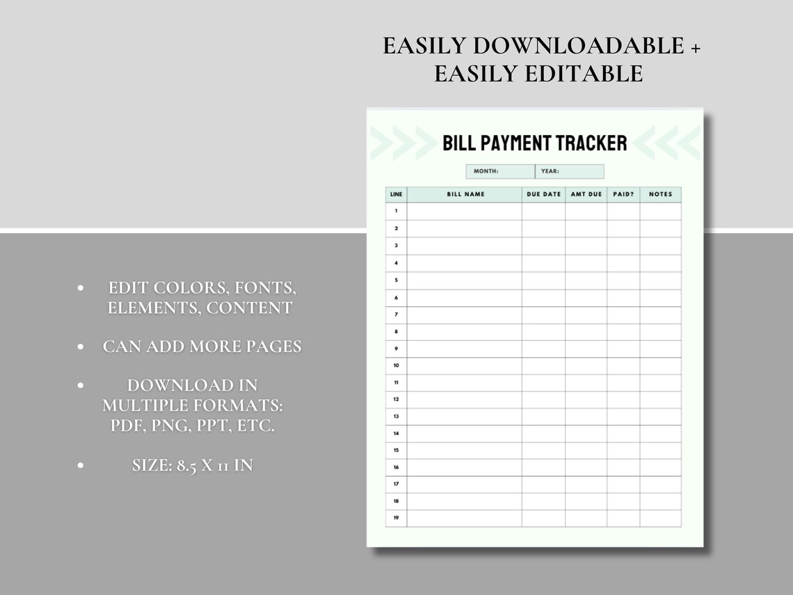 Bill Payment Tracker Green Template Bill Payment Log. Monthly Bill ...