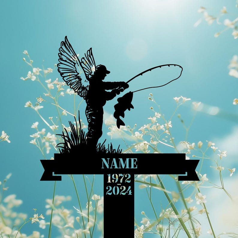 Custom Fishing Memorial Stake, Personalized Bass Fisherman With Wings ...