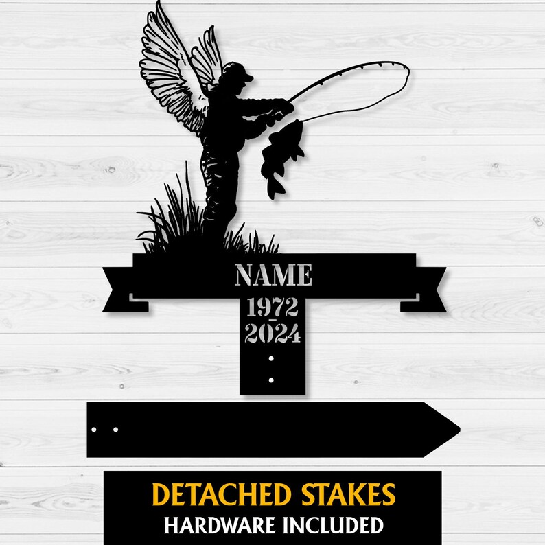 Custom Fishing Memorial Stake, Personalized Bass Fisherman With Wings ...