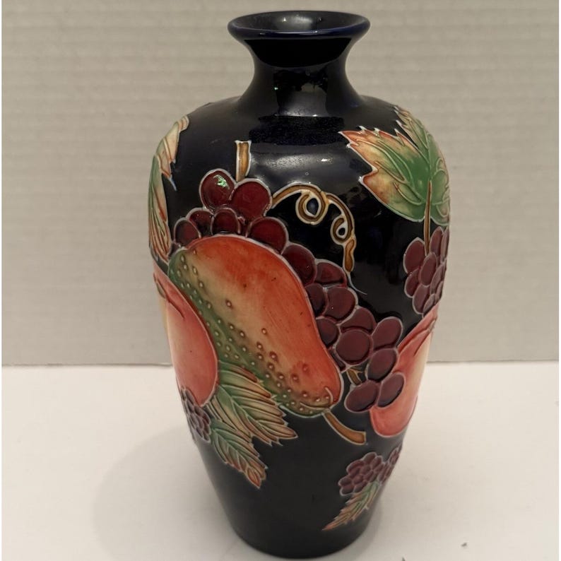 Vtg Moorcroft Style Pottery Vase W/ Tube-lined Fruits on a Dark Blue ...