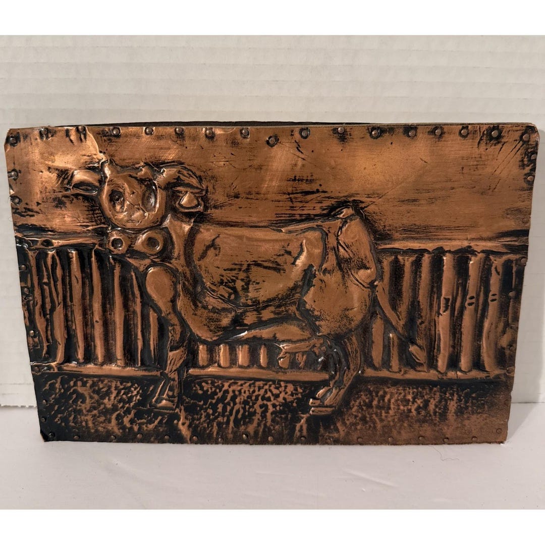 Vintage Embossed Cow Raised 3D Copper Metal Wall Art-signed-9 1/8" L X ...