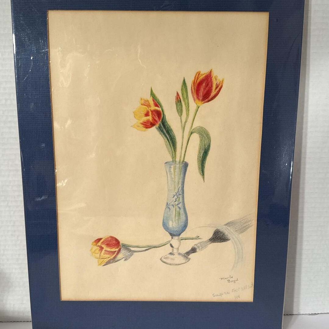 Still Life Original Colored Pencil Tulips in Vtg Translucent Blue Vase ...