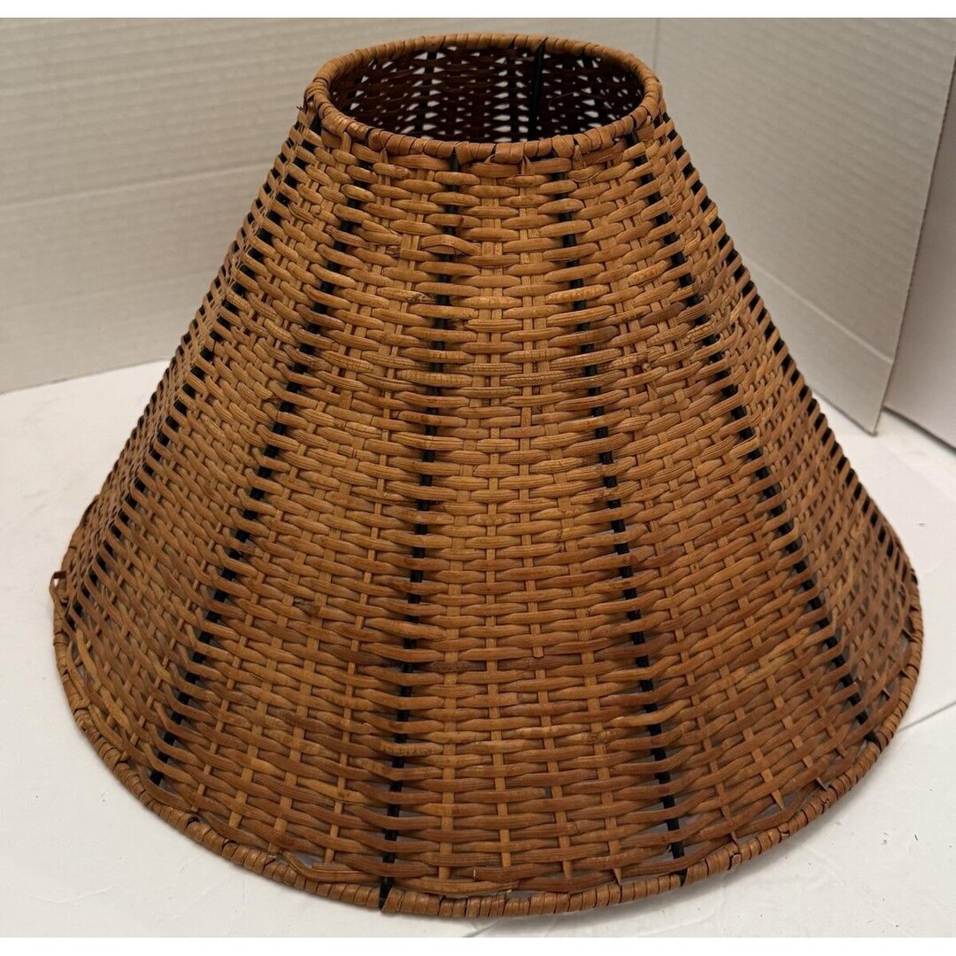Vtg Wicker Rattan Lamp Shade Basket Woven Beach Cottage Brown 9"h X 15 ...