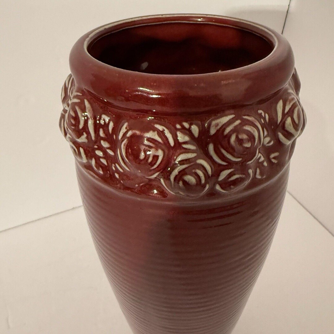 Vintage Hosley Potteries Burgundy Red Ceramic Vase Approx. 14.5" in H X ...