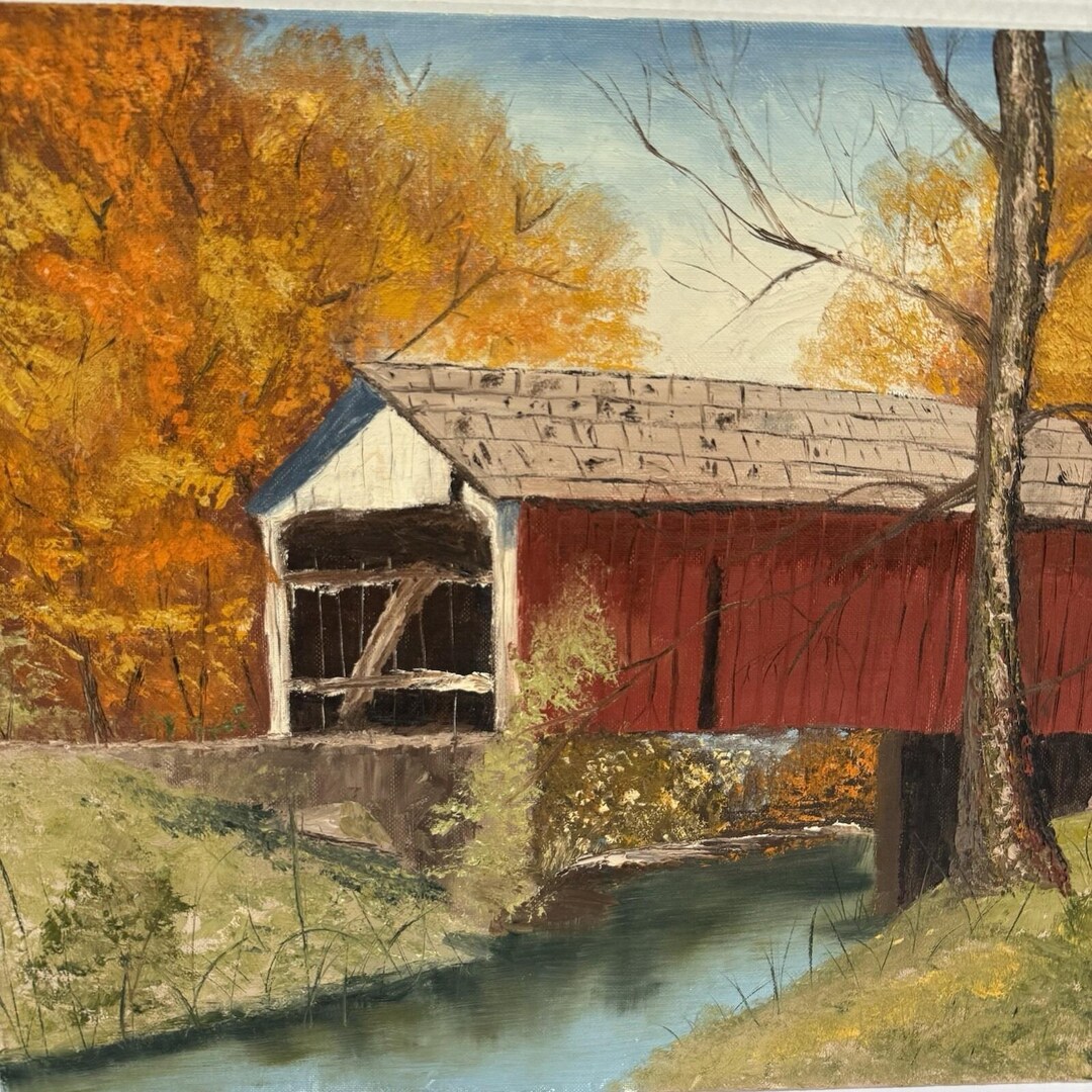 Original Vtg Oil Painting-signed and Framed-melcher Covered Bridge Fall ...