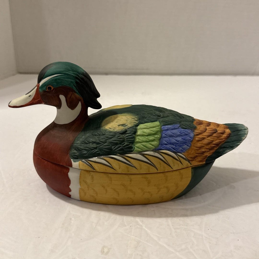 Vtg Hand Painted Figural Trinket Box Mallard Duck Wood-like Appearance ...