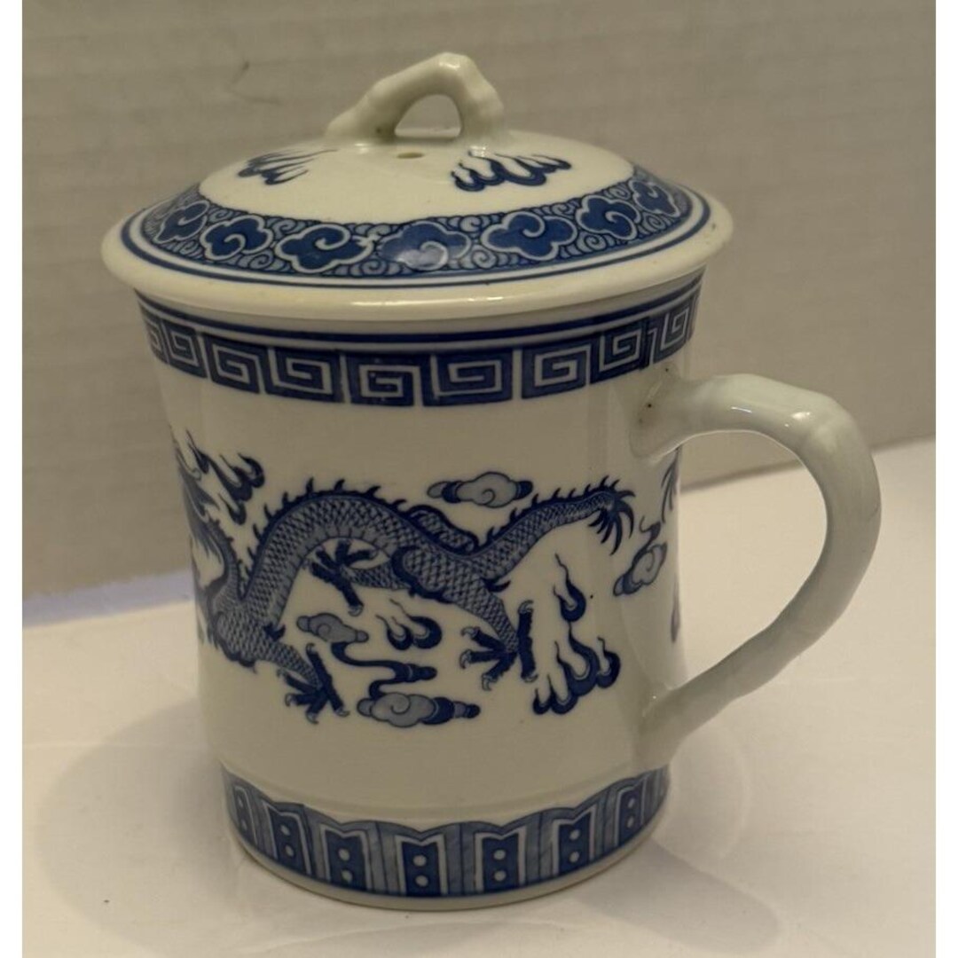 Porcelain Asian Chinese Coffee Mug Tea Cup With Lid, Blue & White ...