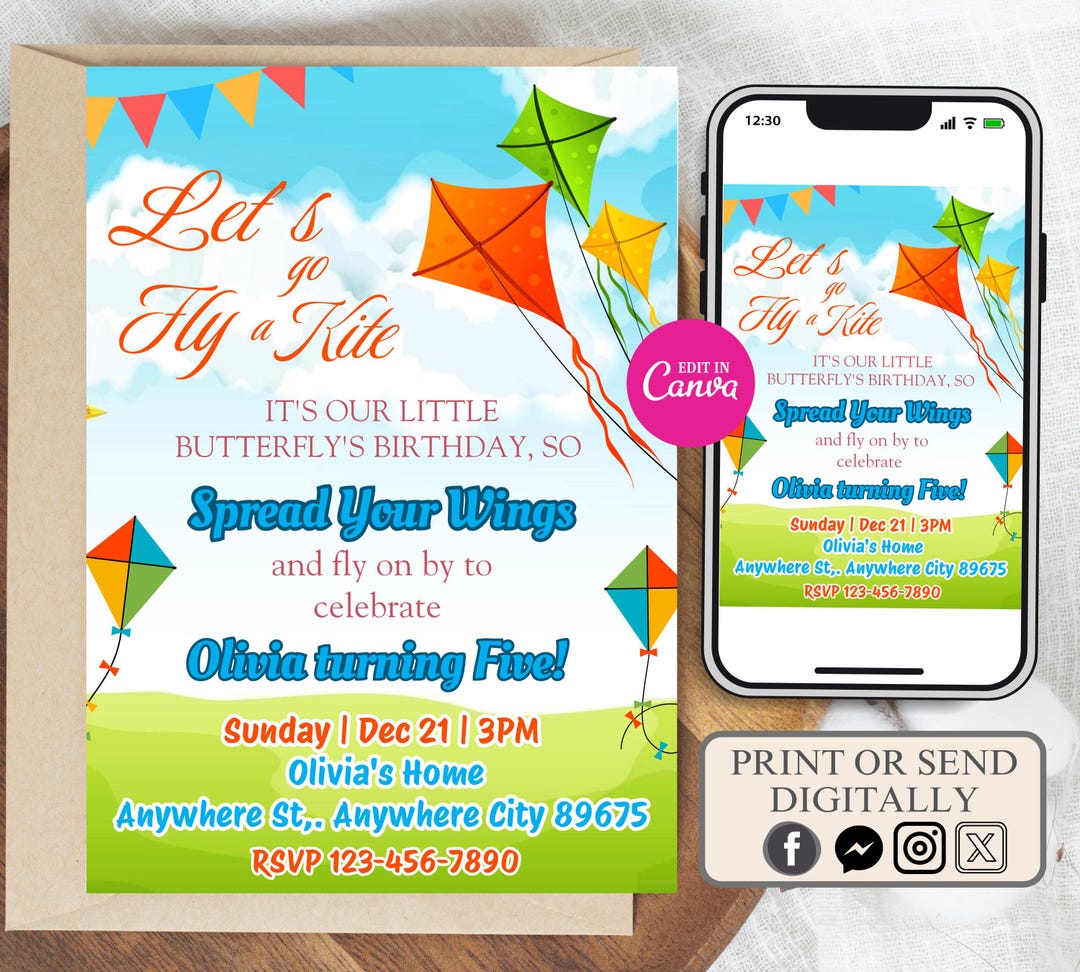 Editable Kite Birthday Invitation, Let's Go Fly Birthday Invitation ...