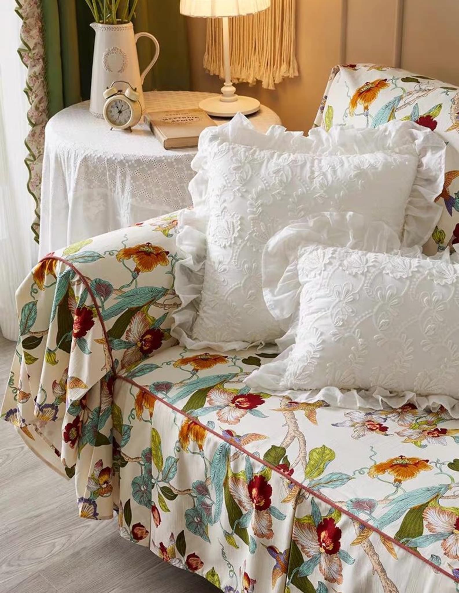 Custom Couch Covers, Garden Floral Birds Pattern, Slipcovers With ...