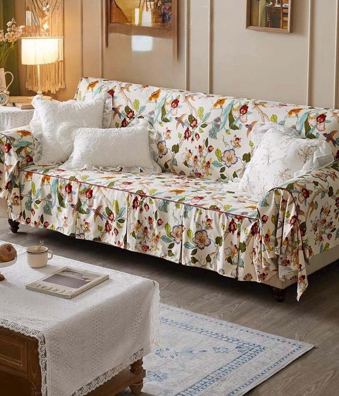 Custom Couch Covers, Garden Floral Birds Pattern, Slipcovers With ...