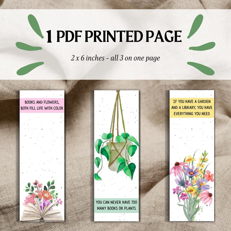 Garden Lover Bookmark Set | 2x6 Printable Bookmark Set of 3 | Book ...