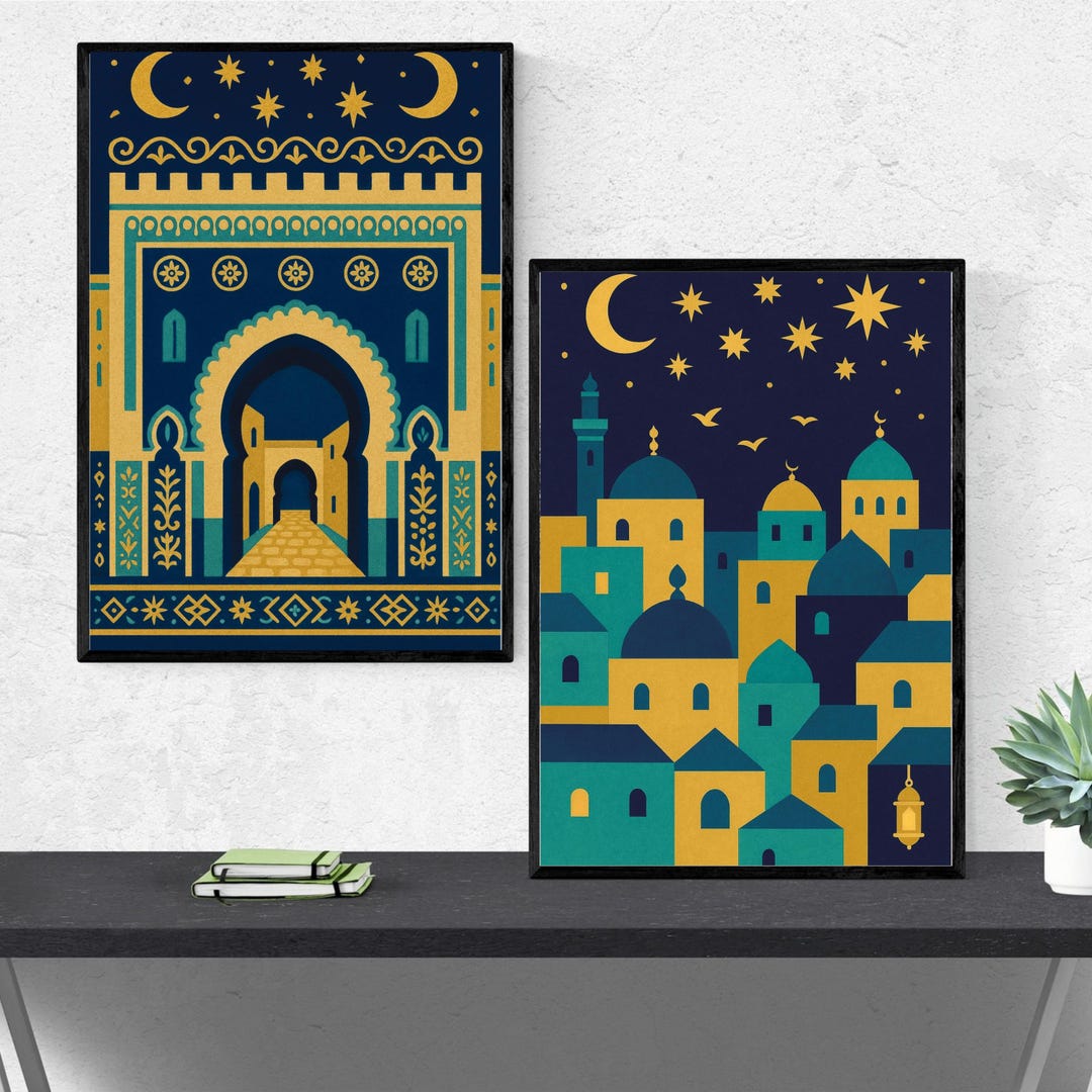Moroccan Architecture Wall Art Set | Blue and Gold Islamic Geometric ...