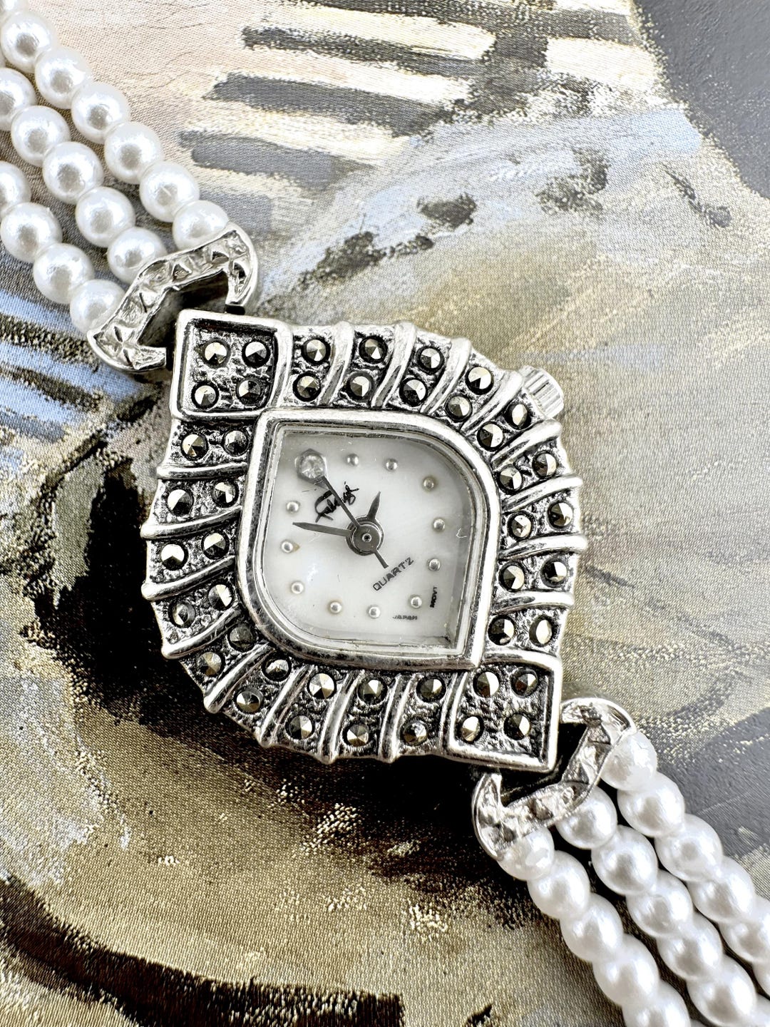 Vintage Art Deco Pearl Watch, Marcasite Accent Asymmetrical Case, Faux ...