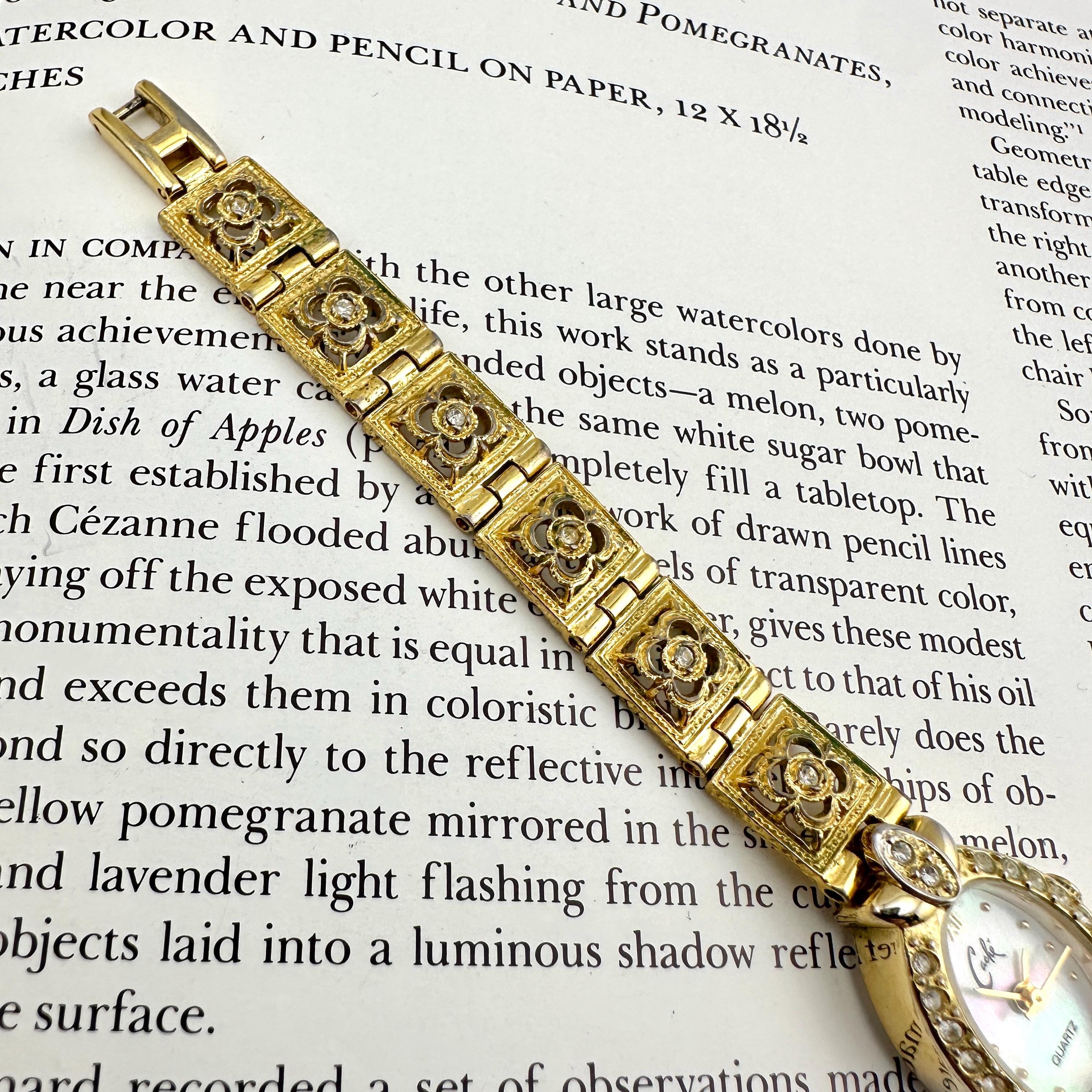 Vintage Cache Gold Tone Oval Watch, Mother of Pearl Dial, Floral Link ...