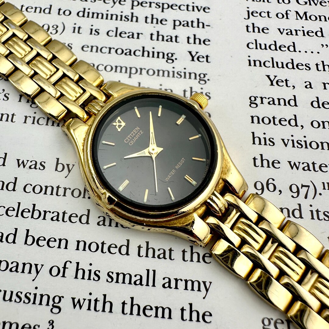 Vintage Citizen Gold Tone Classic Womens Watch, Black Dial, 90s Style ...