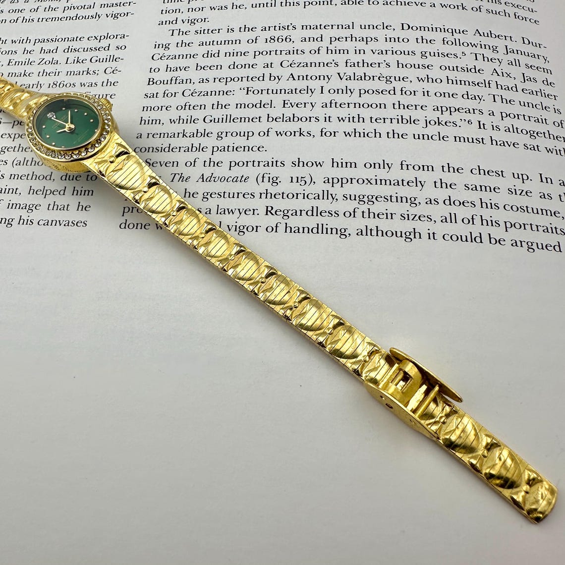 Green Dial Women’s Watch With Gold Tone Textured Band, Rhinestone Bezel ...