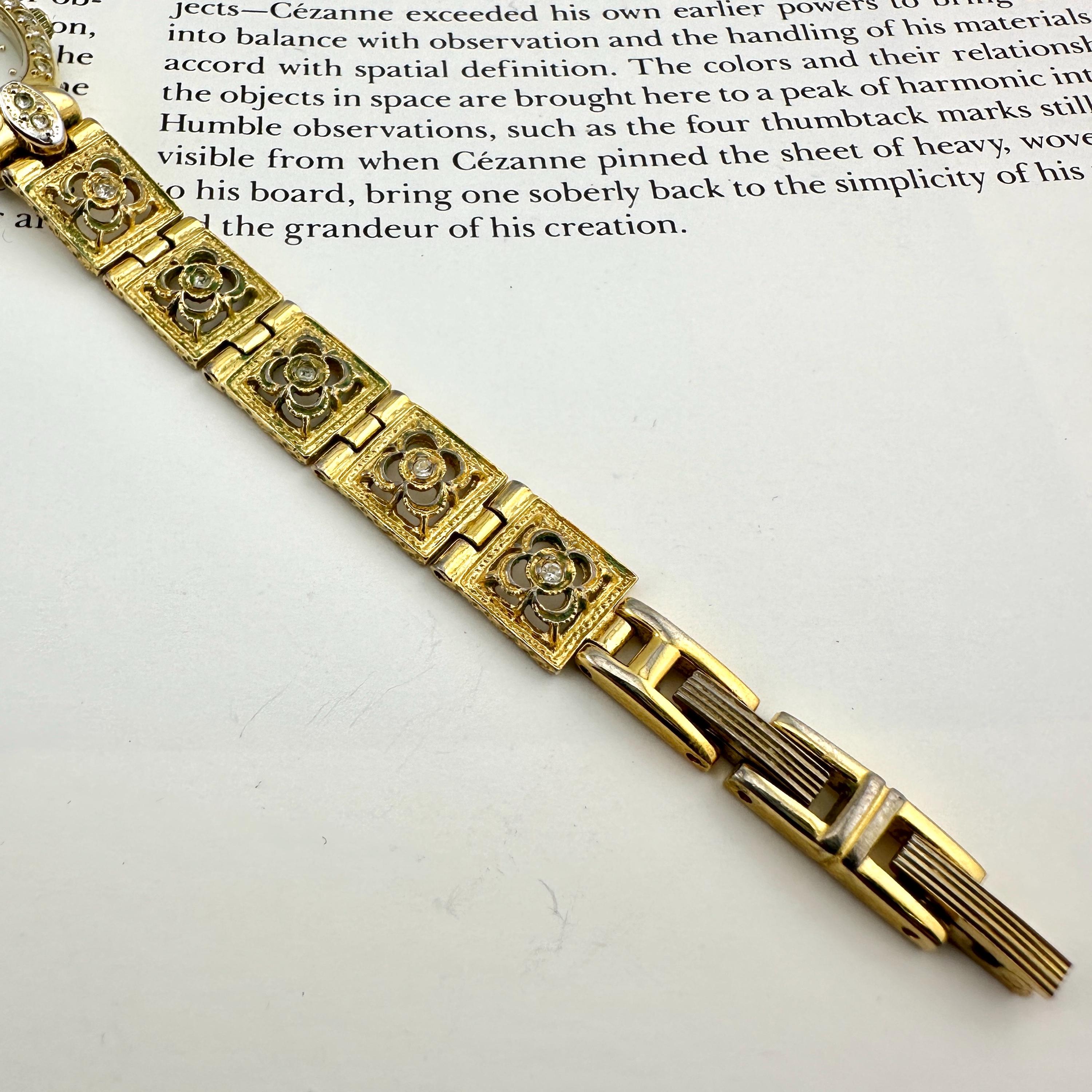 Vintage Cache Gold Tone Oval Watch, Mother of Pearl Dial, Floral Link ...