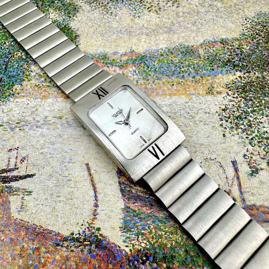 Vintagewomen’s Watch With Square Brushed Case, Silver Tone Wide ...