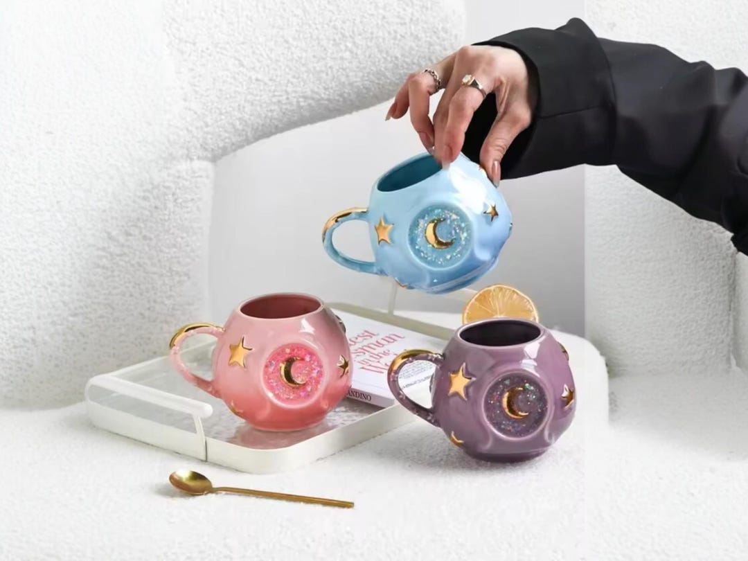 Celestial Coffee Cup – Sparkly Star and Moon Ceramic Tea Mug, Colorful ...