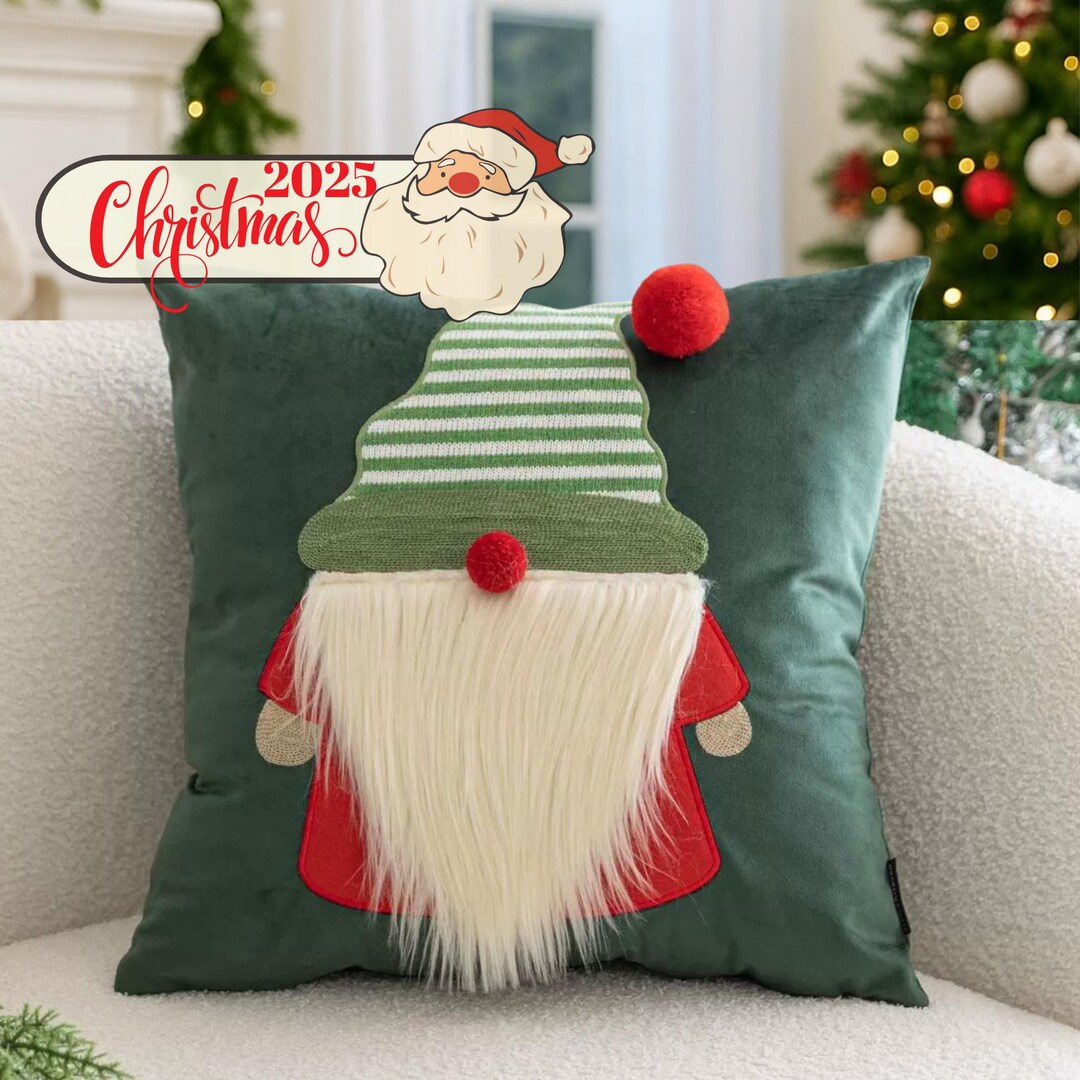 Green Velvet Elf Christmas Pillow Cover – 3D Embroidered Holiday ...