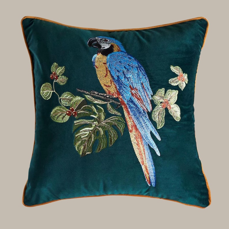Embroidered Parrot Velvet Pillow Cover – Tropical Decor, 18x18 - Etsy