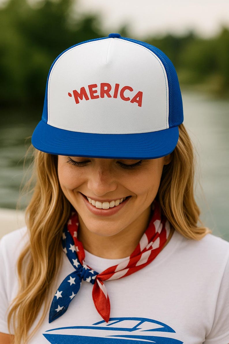 Merica Embroidered Trucker Hat | Patriotic Snapback Cap | Red White and Blue USA Hat | 4th of ...
