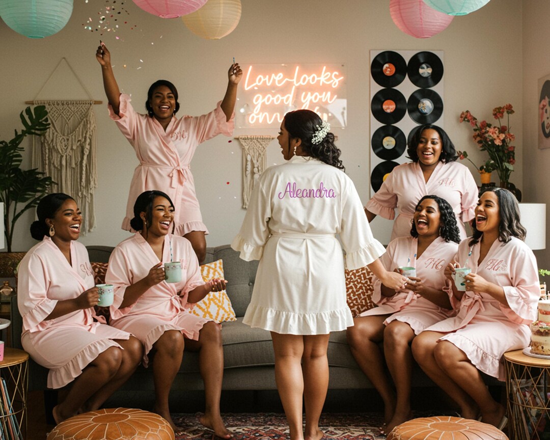 Team Bride Robes With Ruffle, Satin Ruffle Robes, Personalized Robes ...