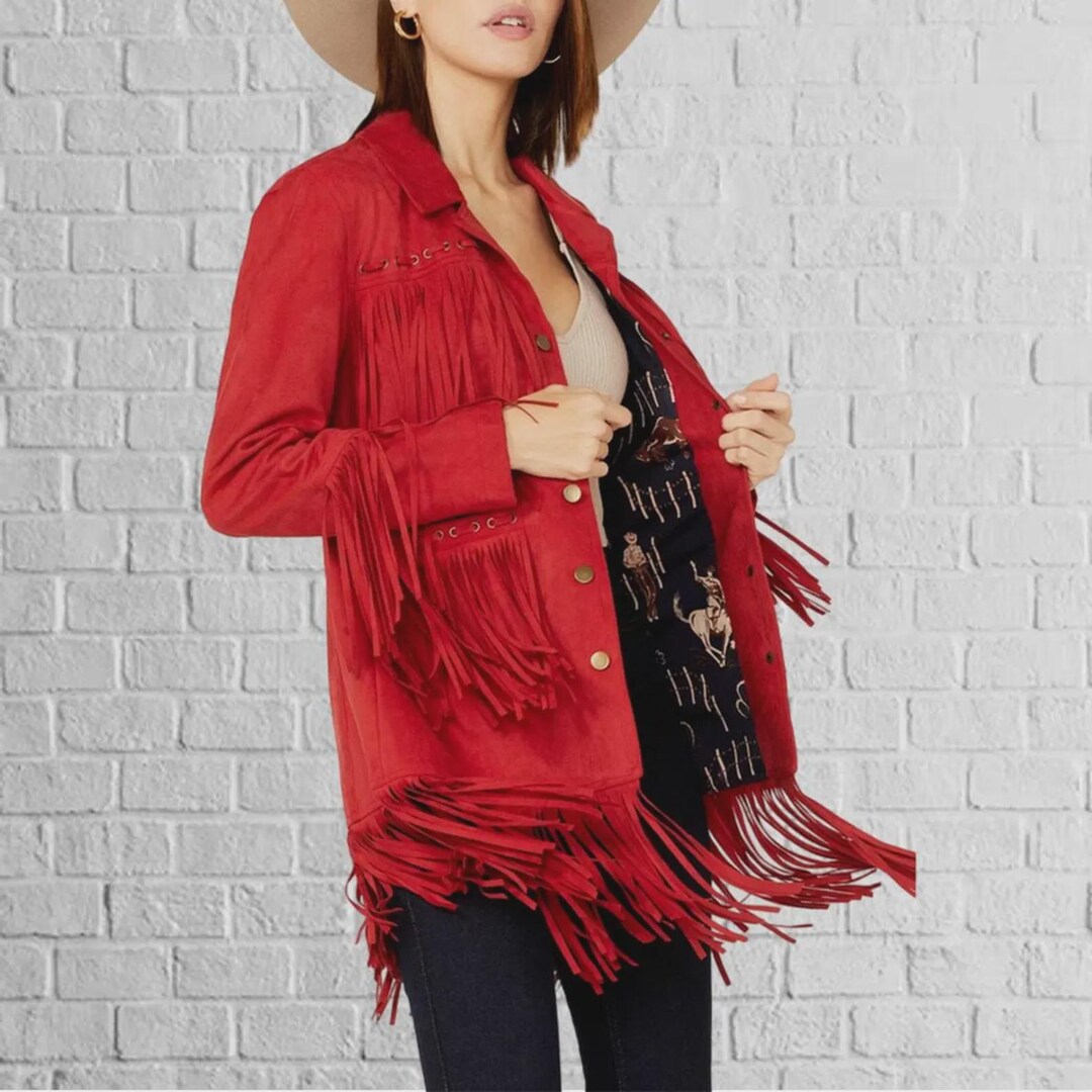 Women's Red Suede Fringe Leather Jacket | Authentic Party Wear Button ...