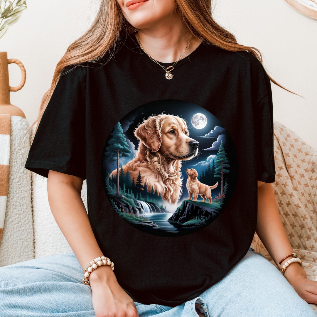 Golden Retriever Night Forest Shirt, Moonlight Puppy Graphic Tee, Dog ...
