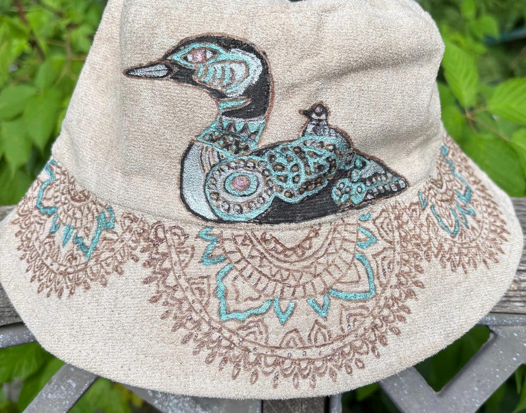 Hand Burned Loon Bucket Hat, Vegan Suede, Metallic Teal Accents - Etsy