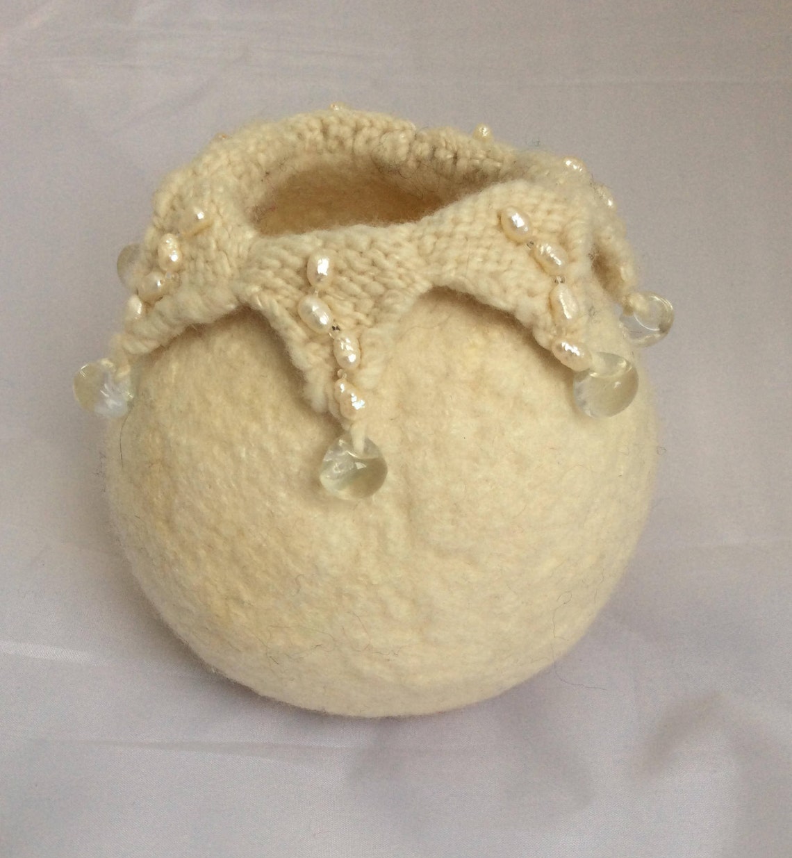 Ivory Felt Bowl Vessel With Knitted Edge and Beading - Etsy