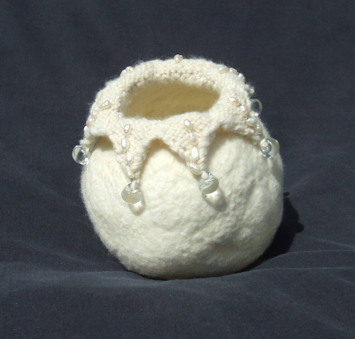 Ivory Felt Bowl Vessel With Knitted Edge and Beading - Etsy